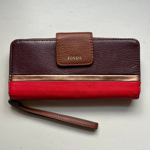 Fossil | Bags | Fossil Madison Zip Clutch Wallet In Bronze Multi With ...